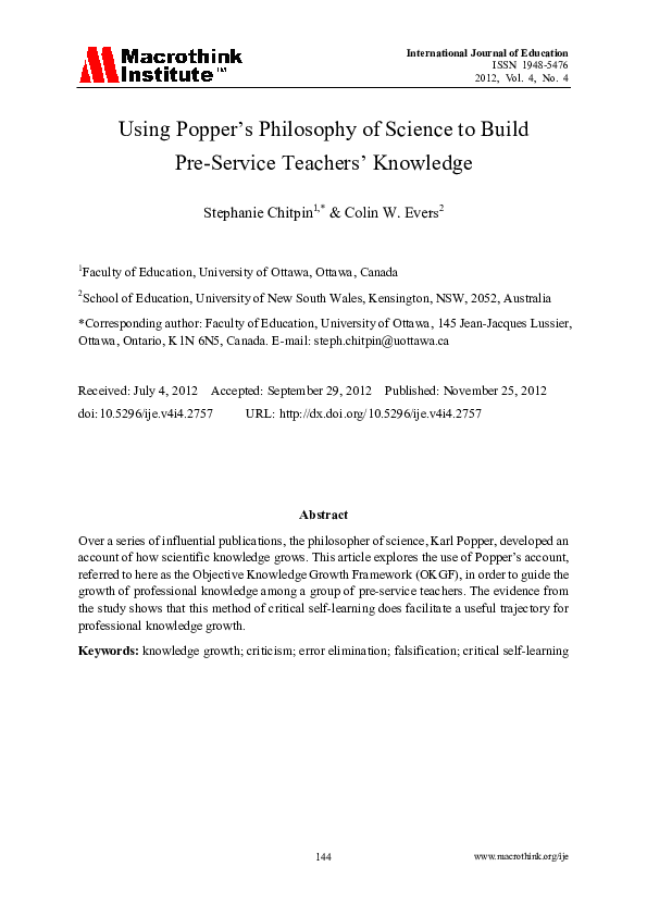 (PDF) Using Popper’s Philosophy of Science to Build Pre-Service ...