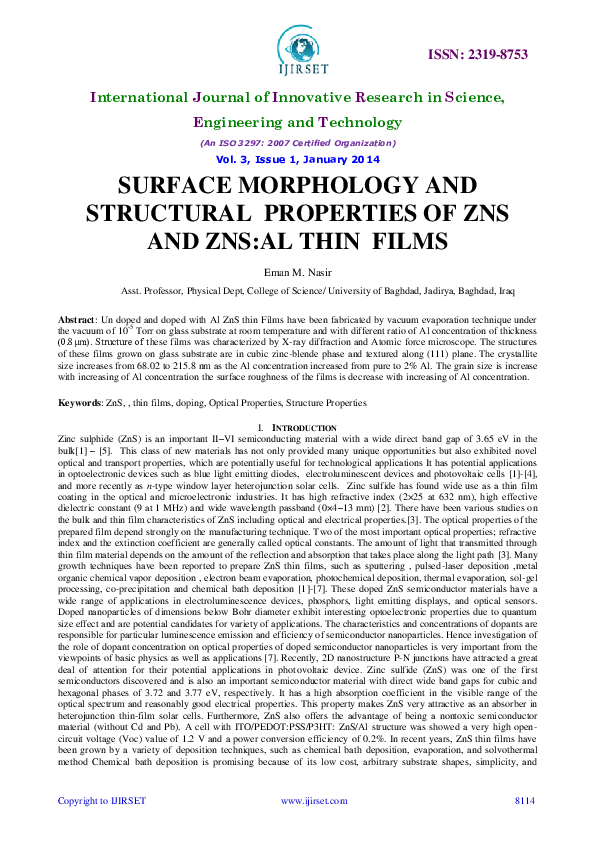 (PDF) SURFACE MORPHOLOGY AND STRUCTURAL PROPERTIES OF ZNS AND ZNS:AL THIN FILMS