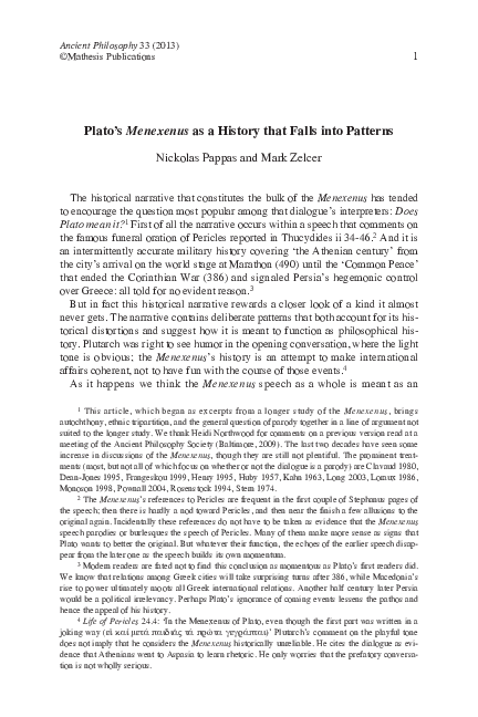 (PDF) Plato's Menexenus as a History that Falls into Patterns