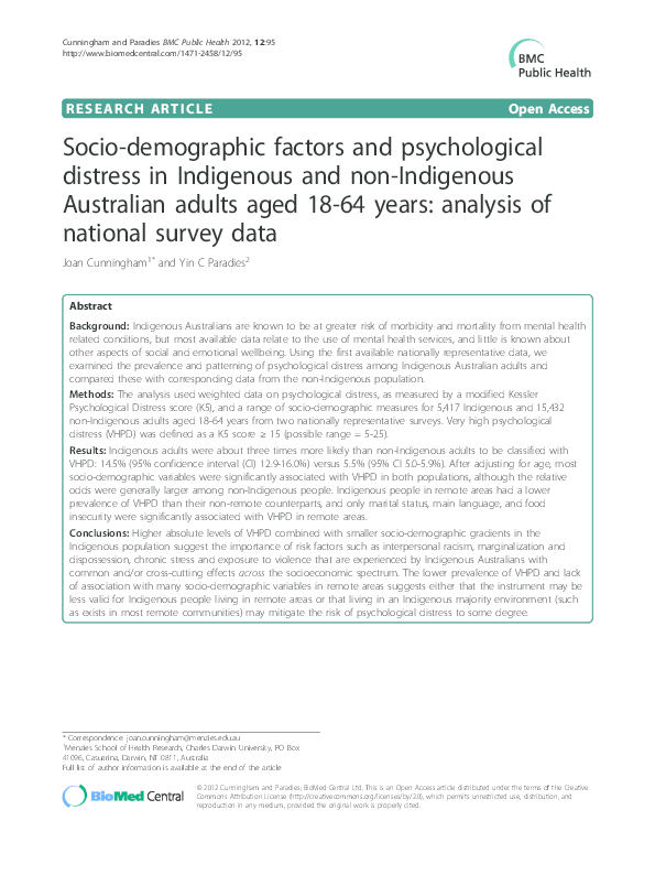 (PDF) Socio-demographic factors and psychological distress in Indigenous and non-Indigenous ...