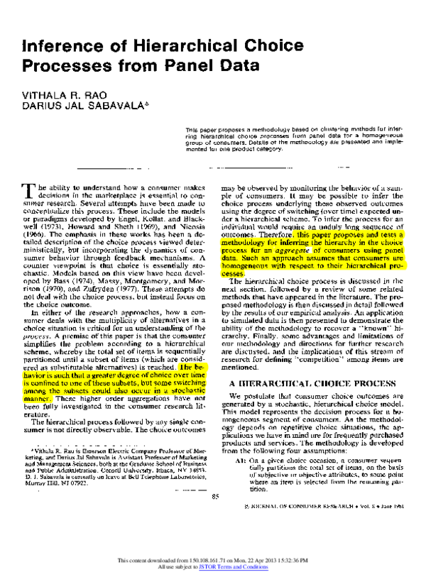 Pdf Inference Of Hierarchical Choice Processes From Panel Data A