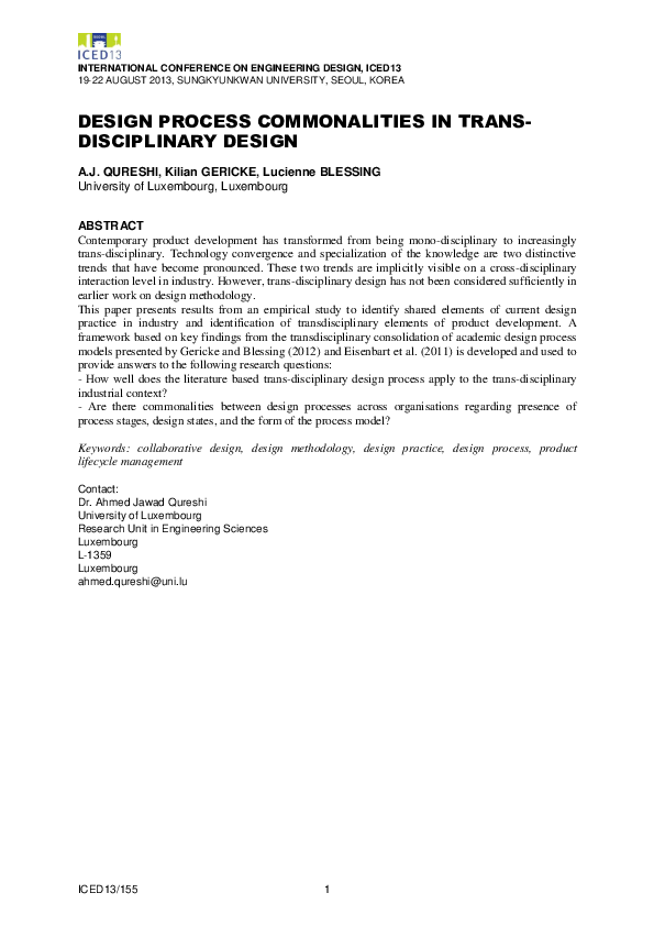 (PDF) DESIGN PROCESS COMMONALITIES IN TRANS- DISCIPLINARY DESIGN