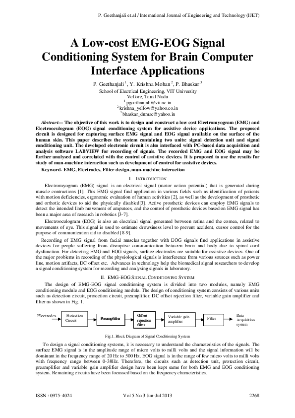 Pdf A Low Cost Emg Eog Signal Conditioning System For Brain Computer Interface Applications