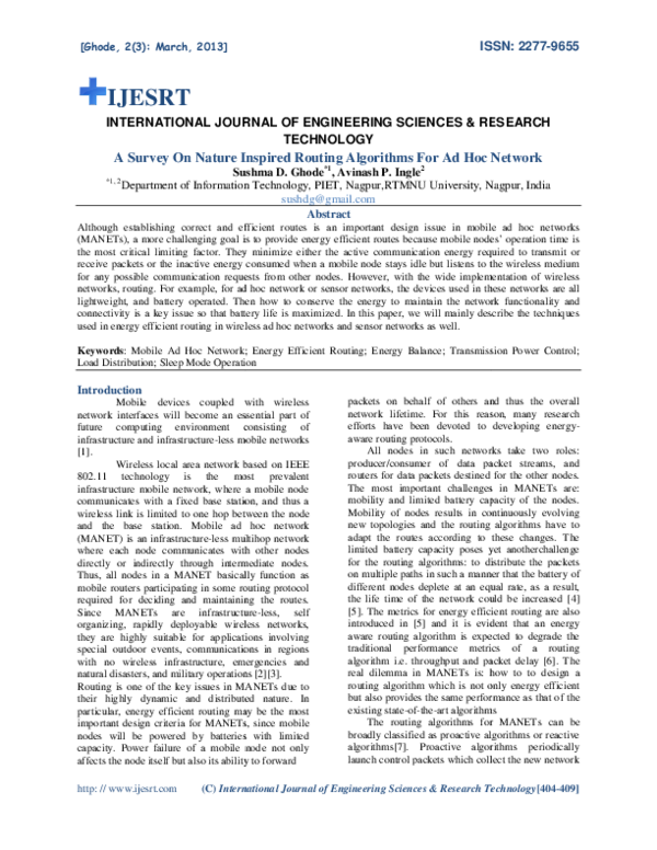 Pdf A Survey On Nature Inspired Routing Algorithms For Ad Hoc Network