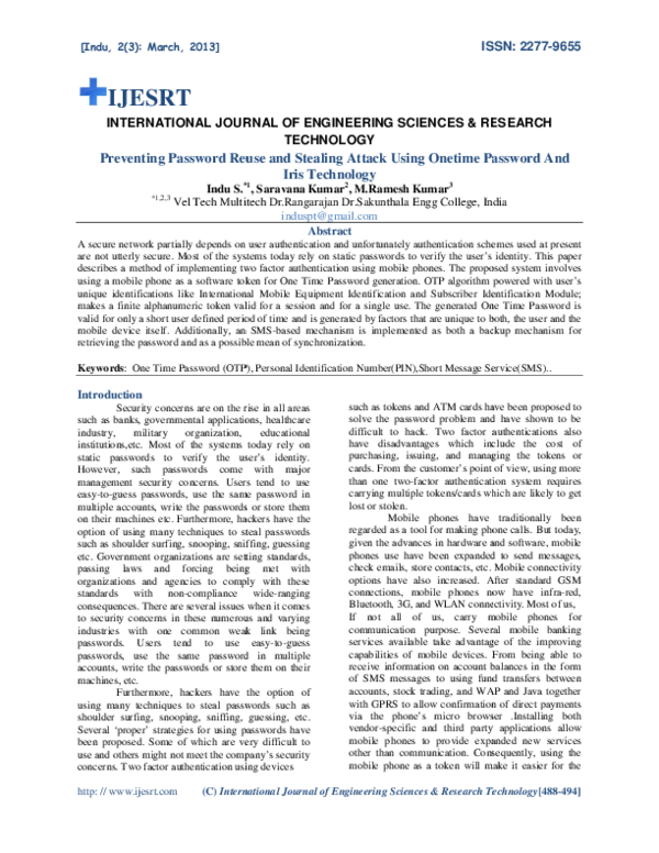 Pdf Preventing Password Reuse And Stealing Attack Using Onetime Password And Iris Technology