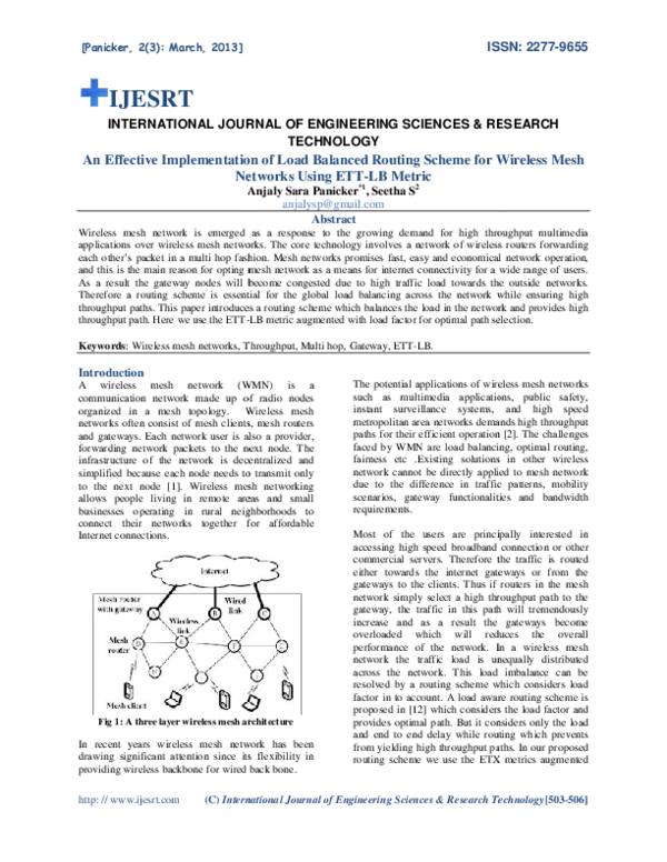 Pdf An Effective Implementation Of Load Balanced Routing Scheme For Wireless Mesh Networks