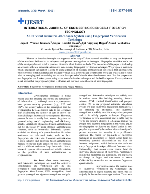 Pdf An Efficient Biometric Attendance System Using Fingerprint Verification Technique