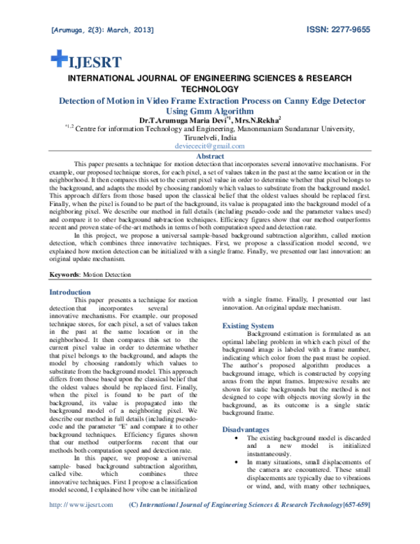 Pdf Detection Of Motion In Video Frame Extraction Process On Canny Edge Detector Using Gmm