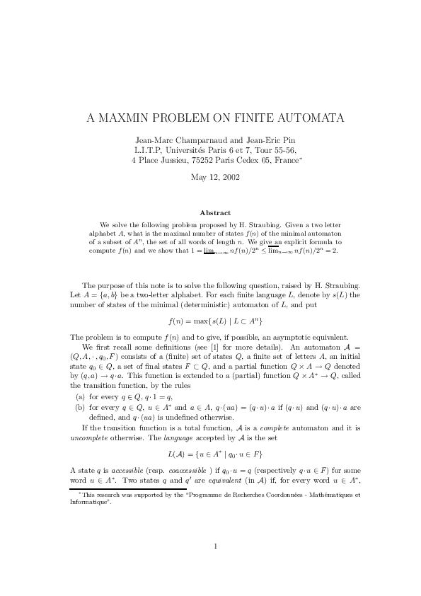 (PDF) A maxmin problem on finite automata