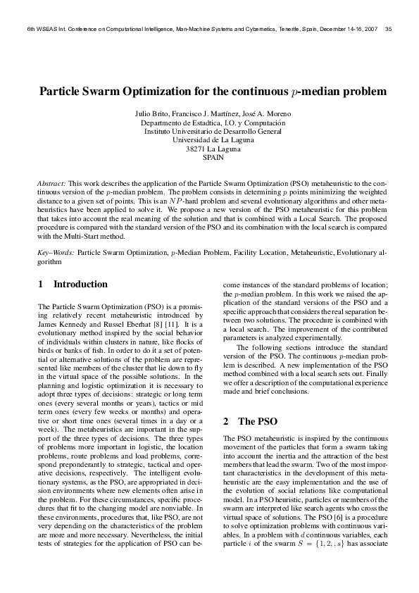 Pdf Particle Swarm Optimization For The Continuous P Median Problem
