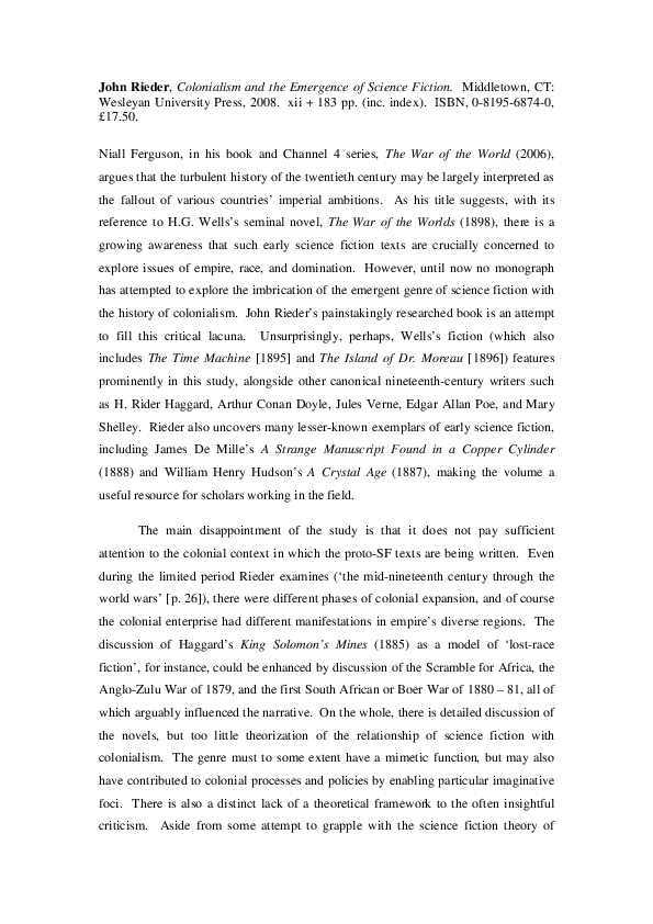 (PDF) Review of John Rieder, Colonialism and the Emergence of Science ...