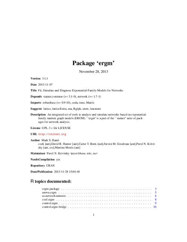 (PDF) Package 'ergm' Title Fit, Simulate and Diagnose Exponential ...