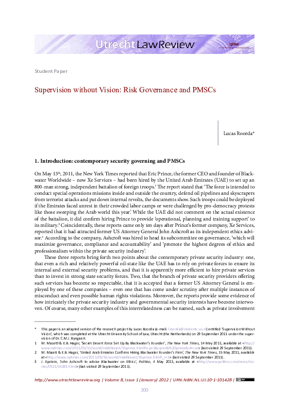 (PDF) Supervision Without Vision - Risk commodification and PMSCs