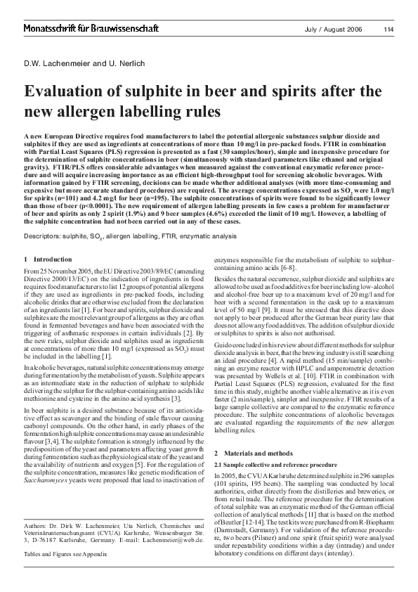(PDF) Evaluation of sulphite in beer and spirits after the new allergen ...