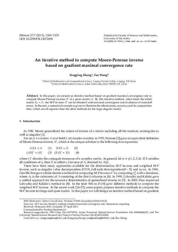 (PDF) An iterative method to compute Moore-Penrose inverse