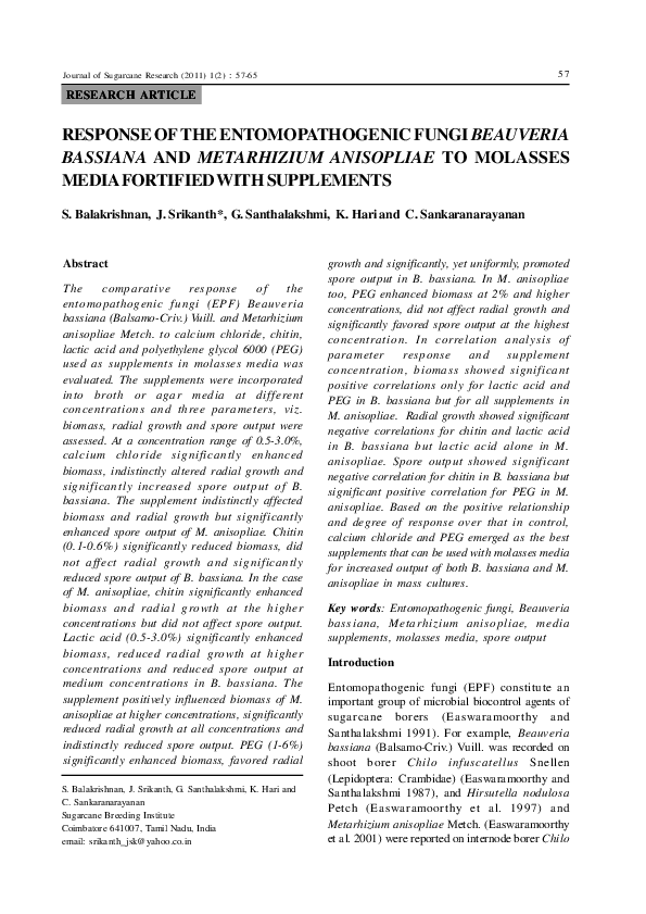 (PDF) Response of the entomopathogenic fungi Beauveria bassiana and Metarhizium anisopliae to ...