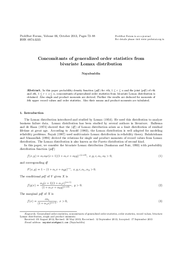 Pdf Concomitants Of Generalized Order Statistics From Bivariate Lomax
