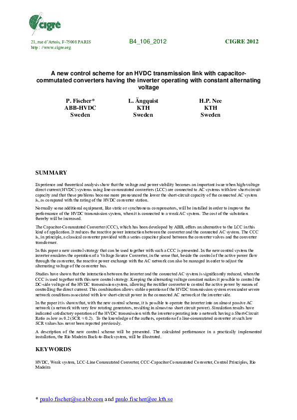Pdf A New Control Scheme For An Hvdc Transmission Link With Capacitor Commutated Converters