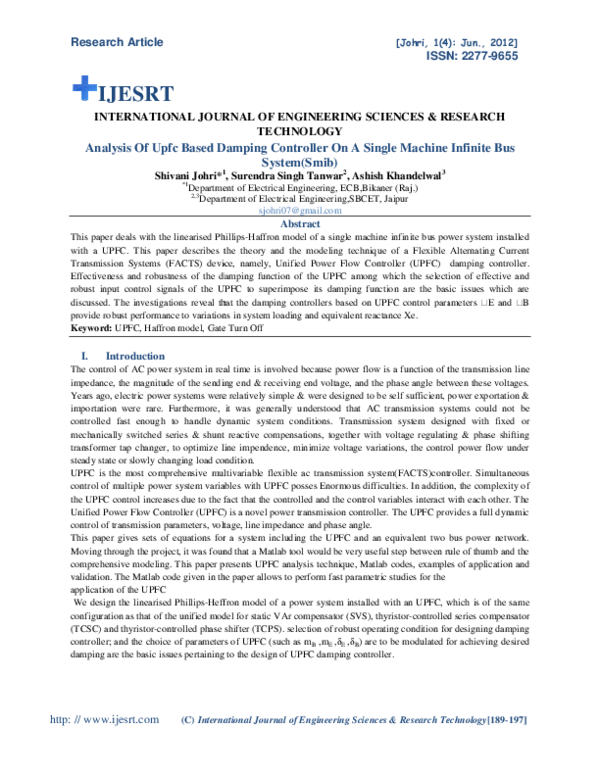 (PDF) Analysis Of Upfc Based Damping Controller On A Single Machine Infinite Bus System(Smib).