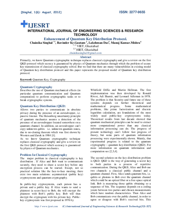 Pdf Enhancement Of Quantum Key Distribution Protocol