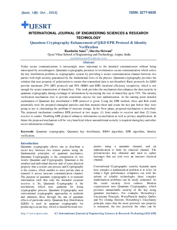 (PDF) Quantum Cryptography Enhancement of QKD EPR Protocol & Identity Verification.
