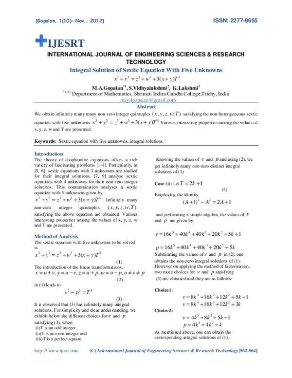 Pdf Integral Solution Of Sextic Equation With Five Unknowns