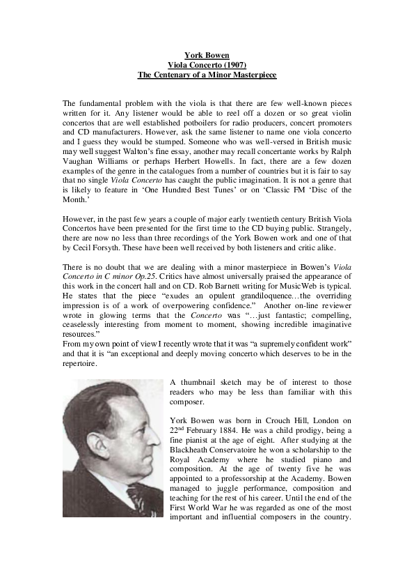 (PDF) York Bowen Viola Concerto (1907) The Centenary of a Minor Masterpiece