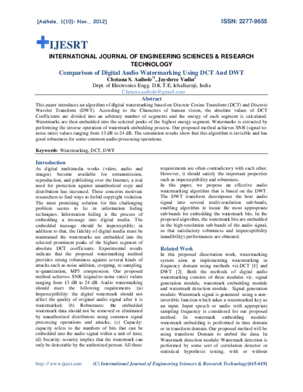 (PDF) Comparison of Digital Audio Watermarking Using DCT And DWT. (PDF) Comparison of Digital Audio Watermarking Using DCT And DWT.
