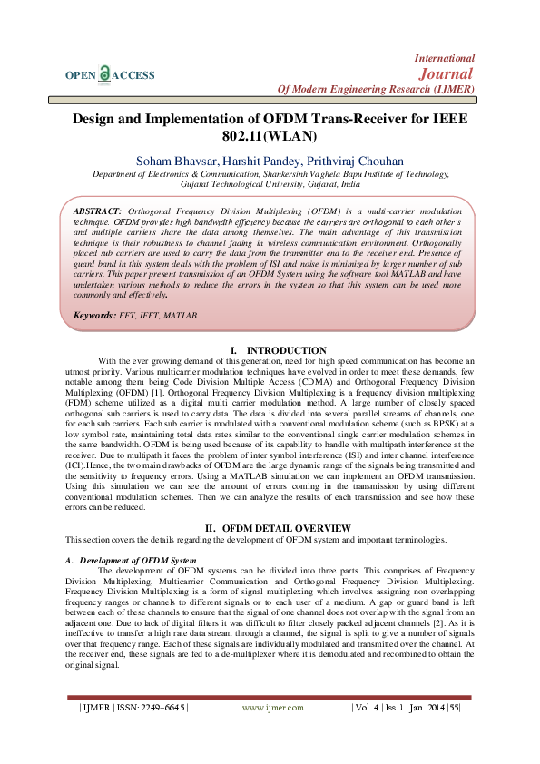 Pdf International Open Access Design And Implementation Of Ofdm Trans Receiver For Ieee 80211
