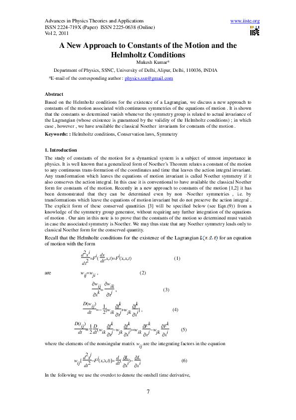 (PDF) A New Approach to Constants of the Motion and the Helmholtz ...