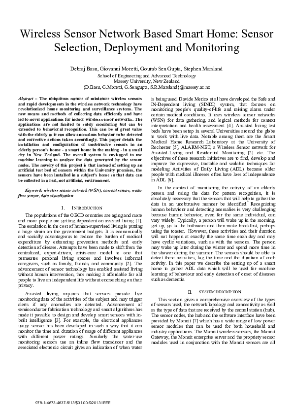 Pdf Wireless Sensor Network Based Smart Home Sensor Selection Deployment And Monitoring