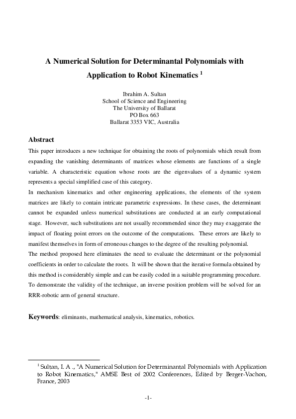(PDF) A Numerical Solution for Determinantal Polynomials with Application to Robot Kinematics