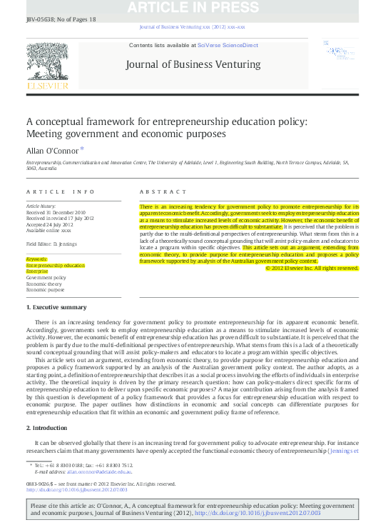 (PDF) A conceptual framework for entrepreneurship education policy ...