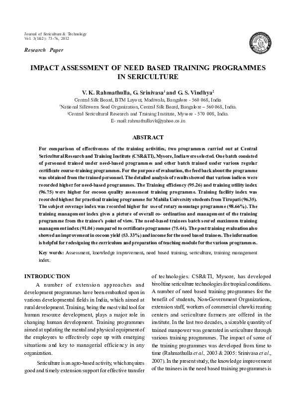 (PDF) IMPACT ASSESSMENT OF NEED BASED TRAINING PROGRAMMES IN SERICULTURE