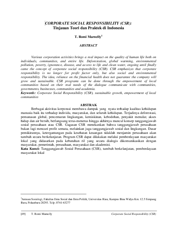 (PDF) CORPORATE SOCIAL RESPONSIBILITY (CSR): Tinjauan Teori dan Praktek ...