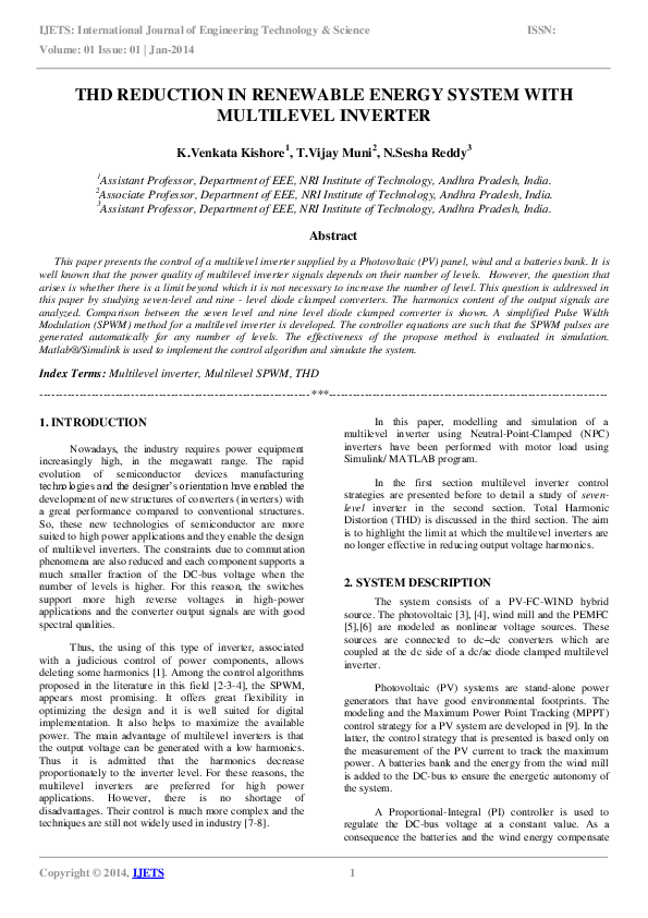 Pdf Thd Reduction In Renewable Energy System With Multilevel Inverter 