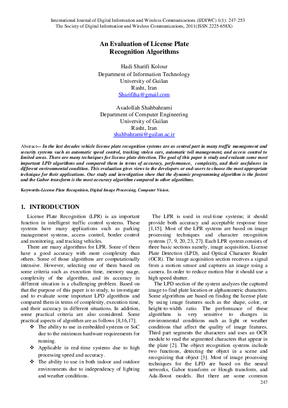 (PDF) An Evaluation of License Plate Recognition Algorithms