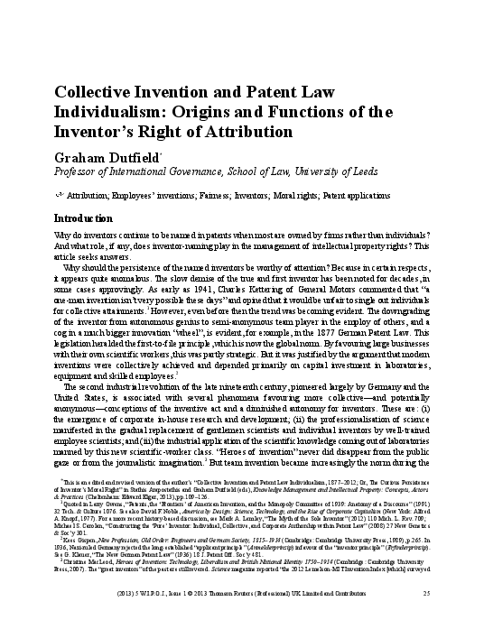 (PDF) Collective Invention and Patent Law Individualism: Origins and ...