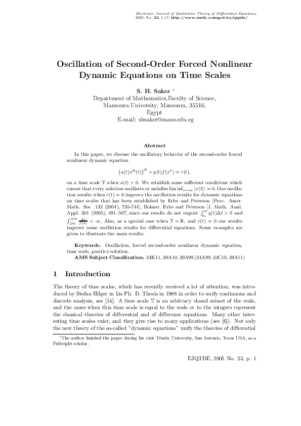 (PDF) Oscillation of Second Order Nonlinear Dynamic Equations on Time ...