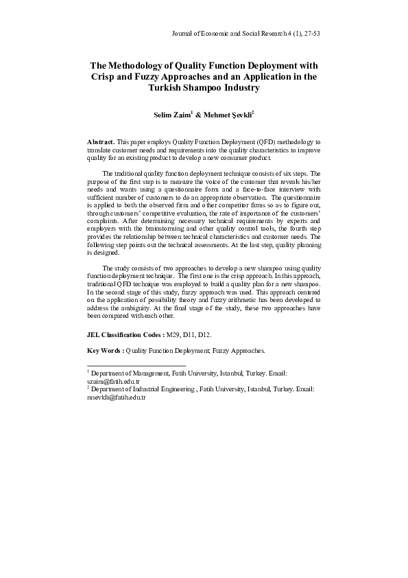 (PDF) The Methodology of Quality Function Deployment with Crisp and Fuzzy Approaches and an ...