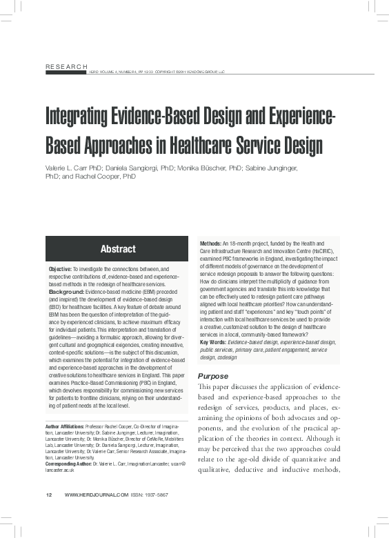 Pdf Integrating Evidence Based Design And Experience Based