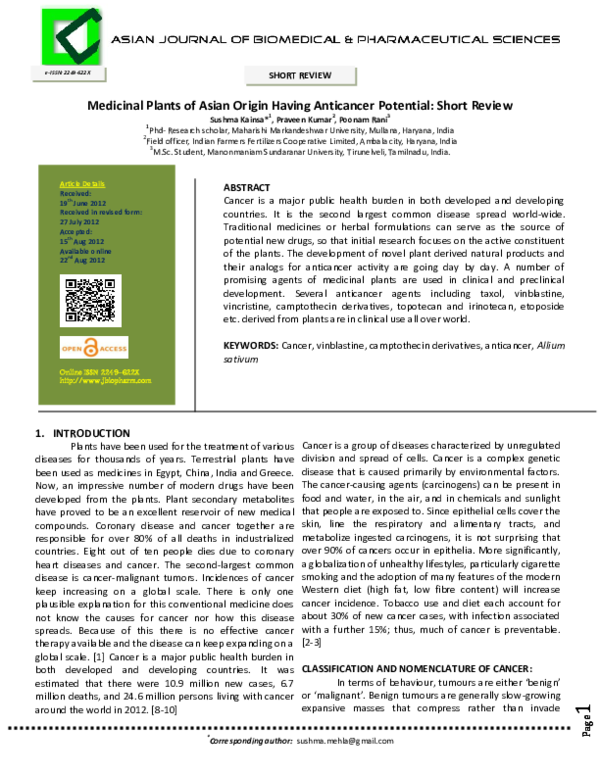 (PDF) e-ISSN: 2249-622X SHORT REVIEW Medicinal Plants of Asian Origin Having Anticancer ...