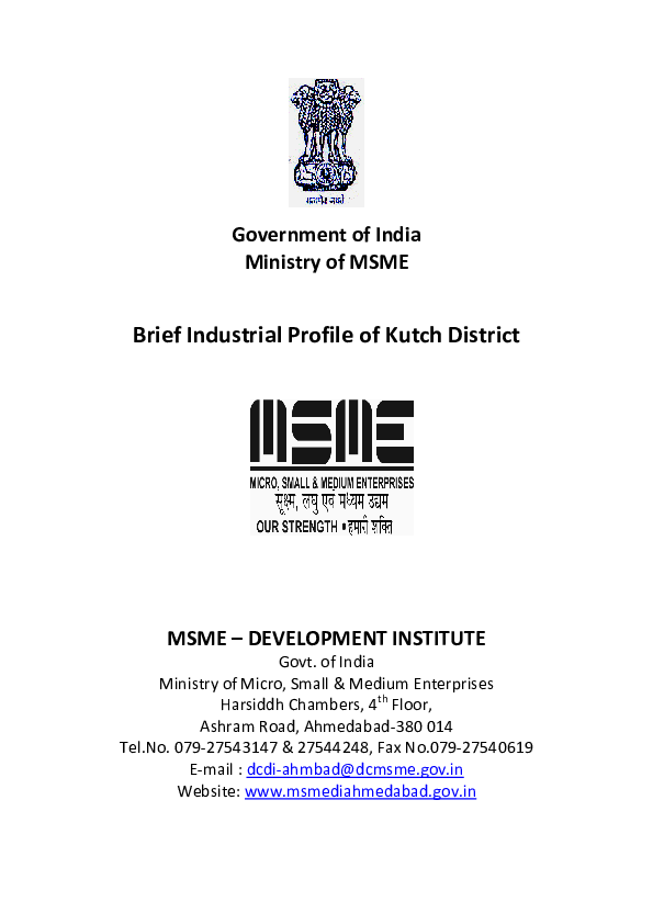 (PDF) Government of India Ministry of MSME Brief Industrial Profile of Kutch District CONTENTS