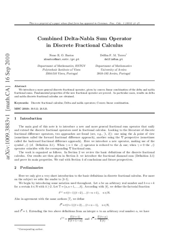 Pdf Combined Delta Nabla Sum Operator In Discrete Fractional Calculus