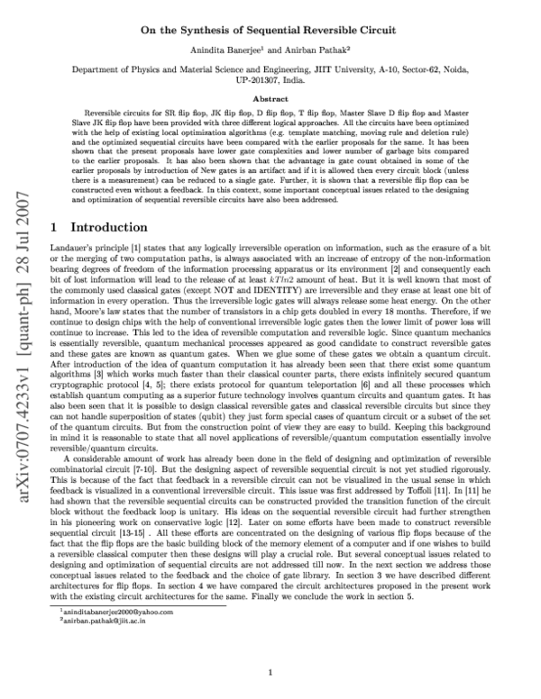 Pdf On The Synthesis Of Sequential Reversible Circuit