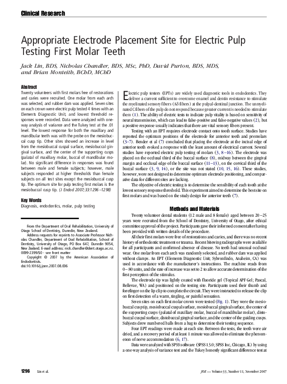 (PDF) Appropriate Electrode Placement Site for Electric Pulp Testing ...
