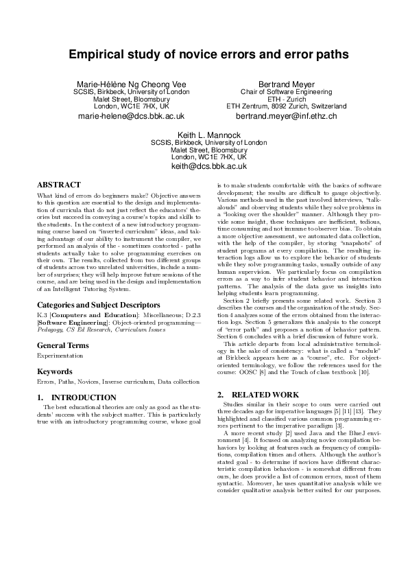 (PDF) Empirical study of novice errors and error paths