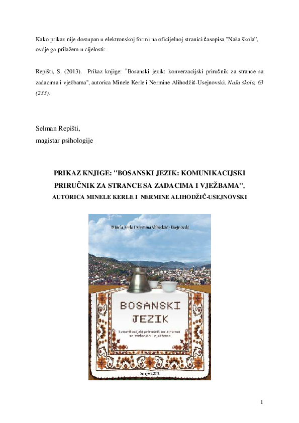 (PDF) Prikaz knjige: ''Bosanski jezik: konverzacijski priručnik za strance sa zadacima i vježbama''