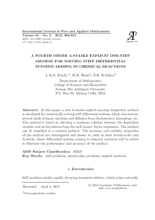 (PDF) A FOURTH ORDER ASTABLE EXPLICIT ONE-STEP METHOD FOR SOLVING STIFF DIFFERENTIAL SYSTEMS ...