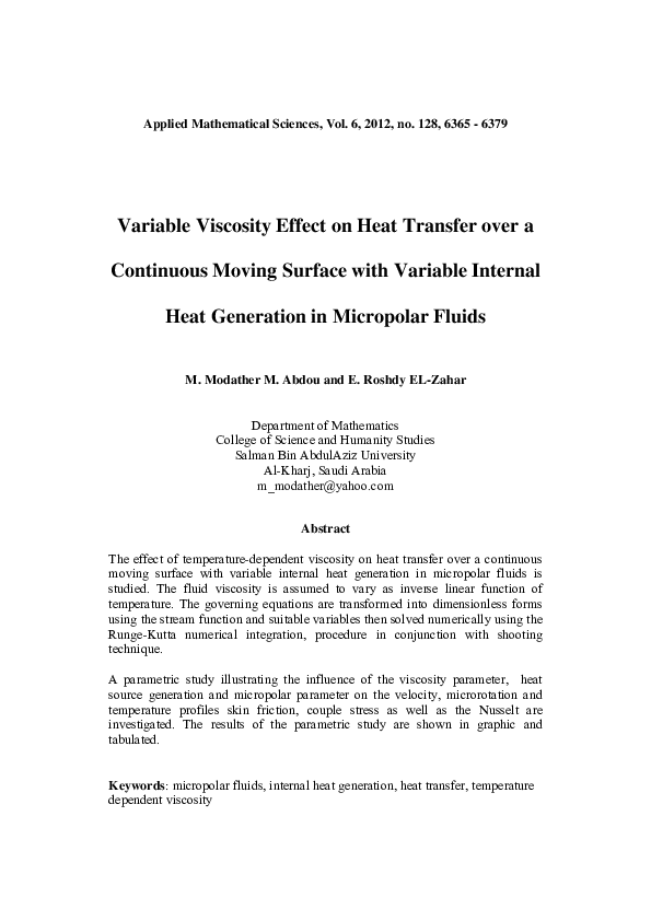 Pdf Variable Viscosity Effect On Heat Transfer Over A Continuous Moving Surface With Variable